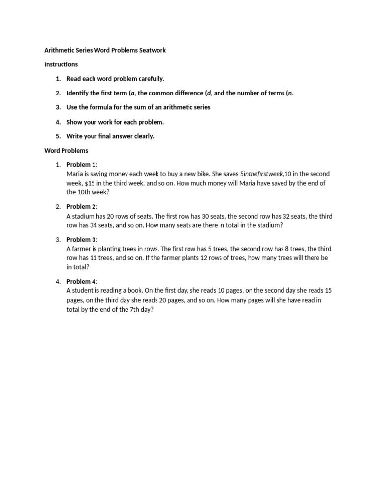 Arithmetic Series Word Problems Seatwork | PDF | Teaching Methods ...