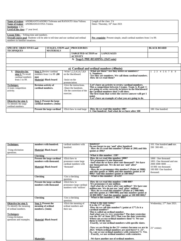 Lesson Plan - Time and Numbers | PDF