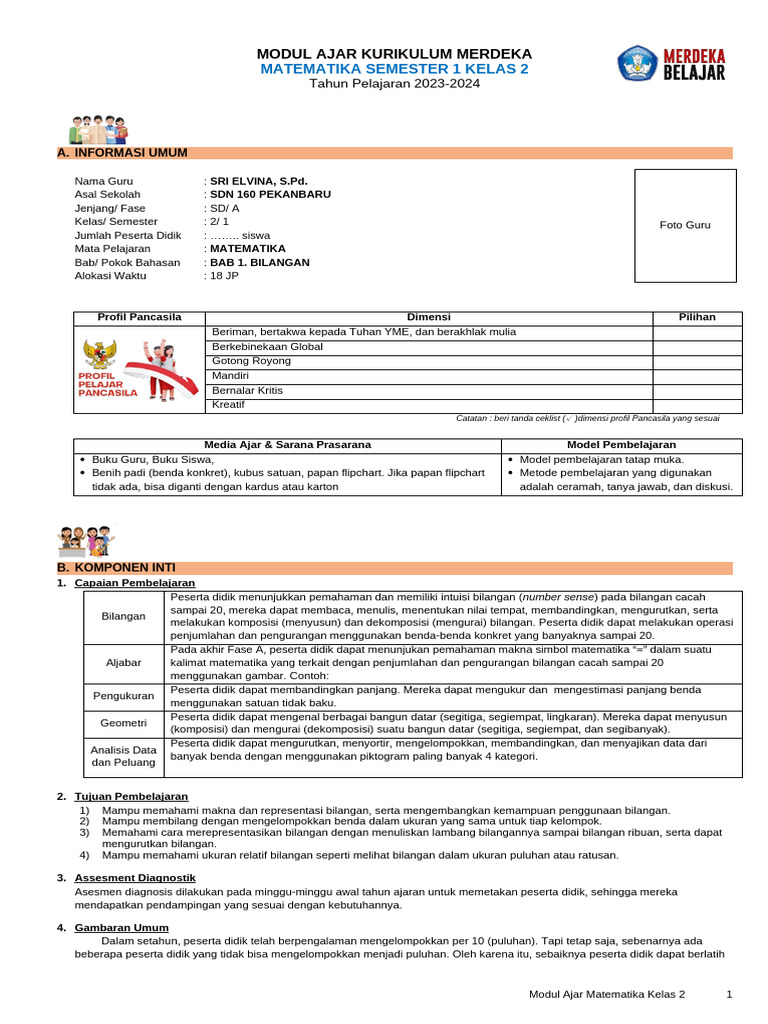 Modul MTK SMTR 1 Kelas 2 (2023) | PDF