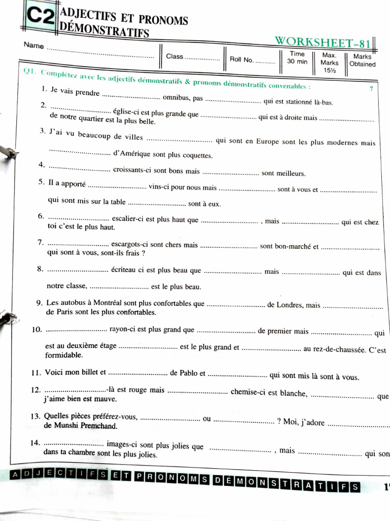 Adjectifs et Pronoms Démonstratifs Worksheet | PDF