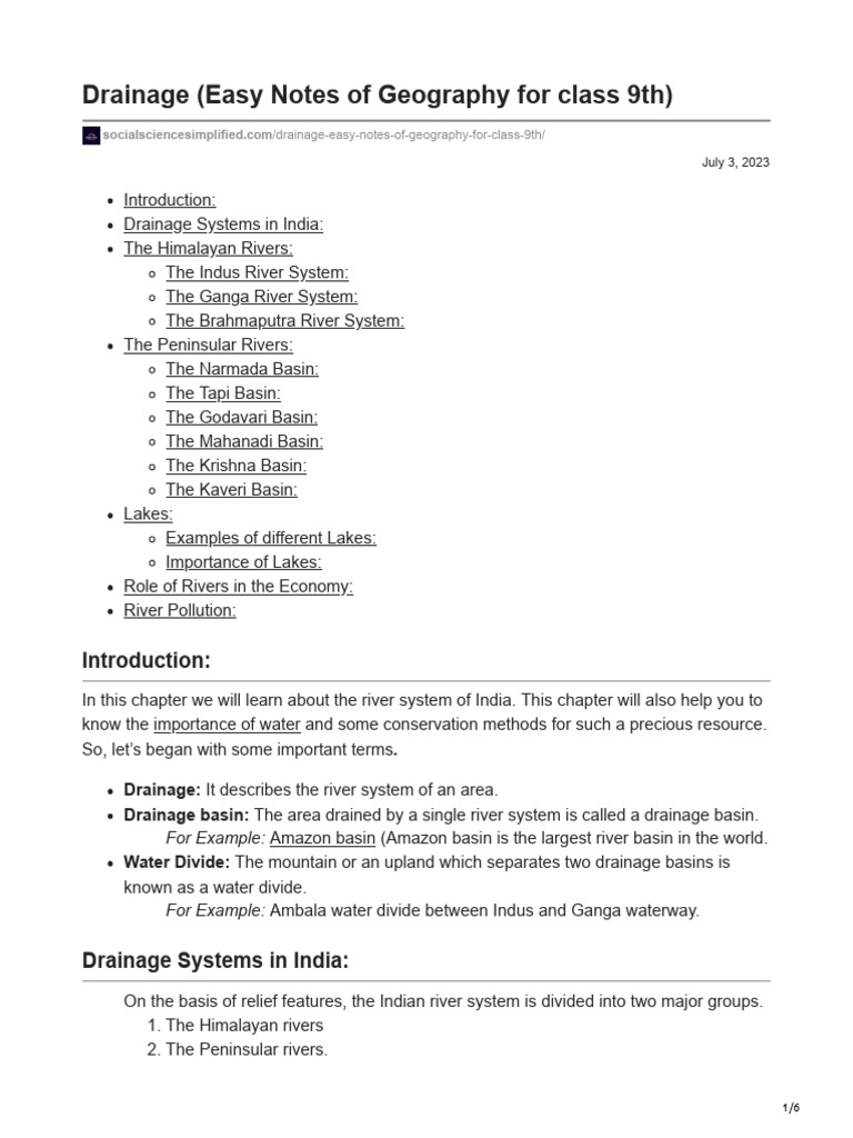 Drainage Easy Notes of Geography For Class 9th | PDF