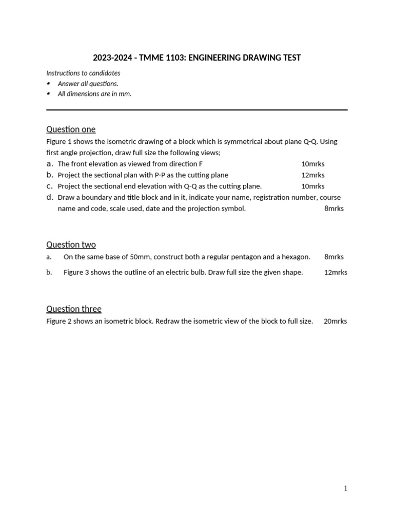 2023-2024 - Tmme 1103: Engineering Drawing Test: Question One | PDF