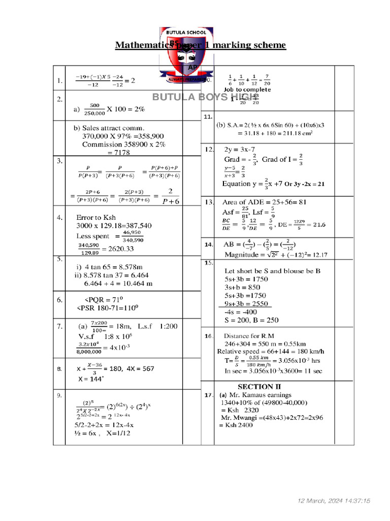 f4 Math p1 Marking Scheme | PDF