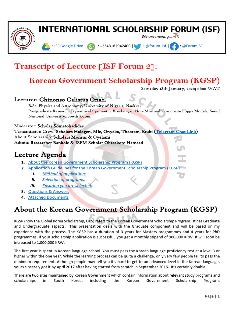 Korean Government Scholarship Program (KGSP) | PDF