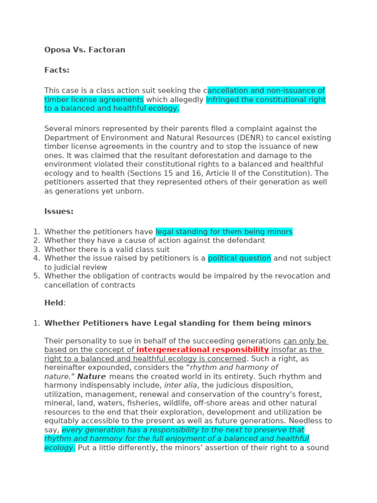 Intergenerational Responsibility Oposa-Vs-Factoran | PDF | Jurisdiction ...