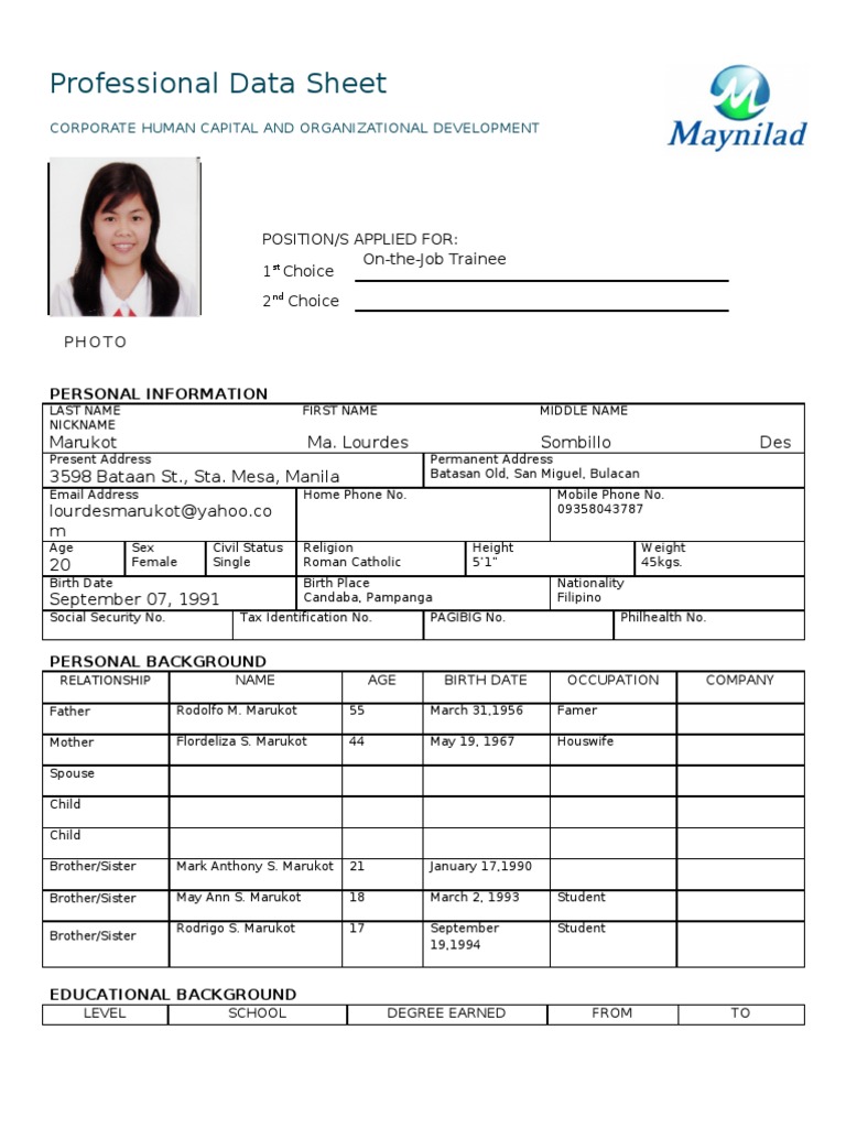 Professional Data Sheet of Ma. Lourdes Marukot | PDF | Manila | Business