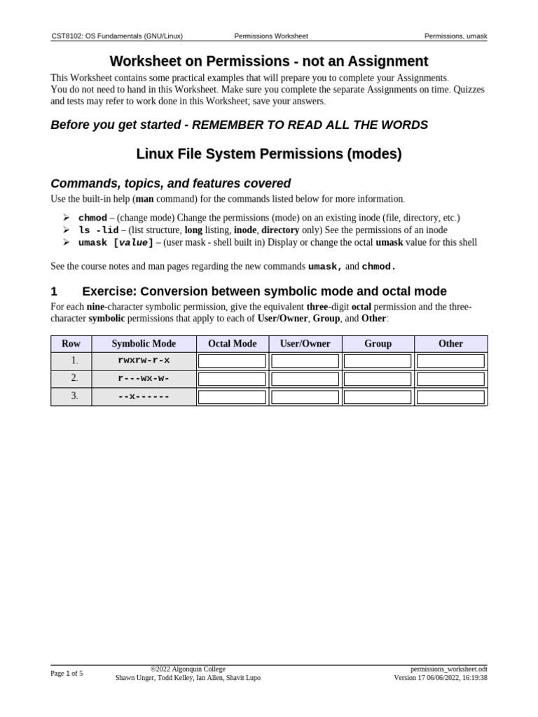 Permissions Worksheet | PDF