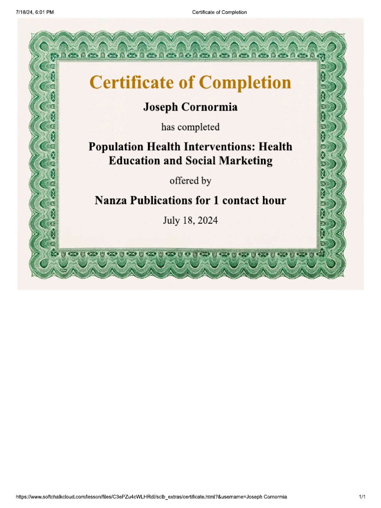 Health Education and Social Marketing Certificate - Joseph Cornormia | PDF