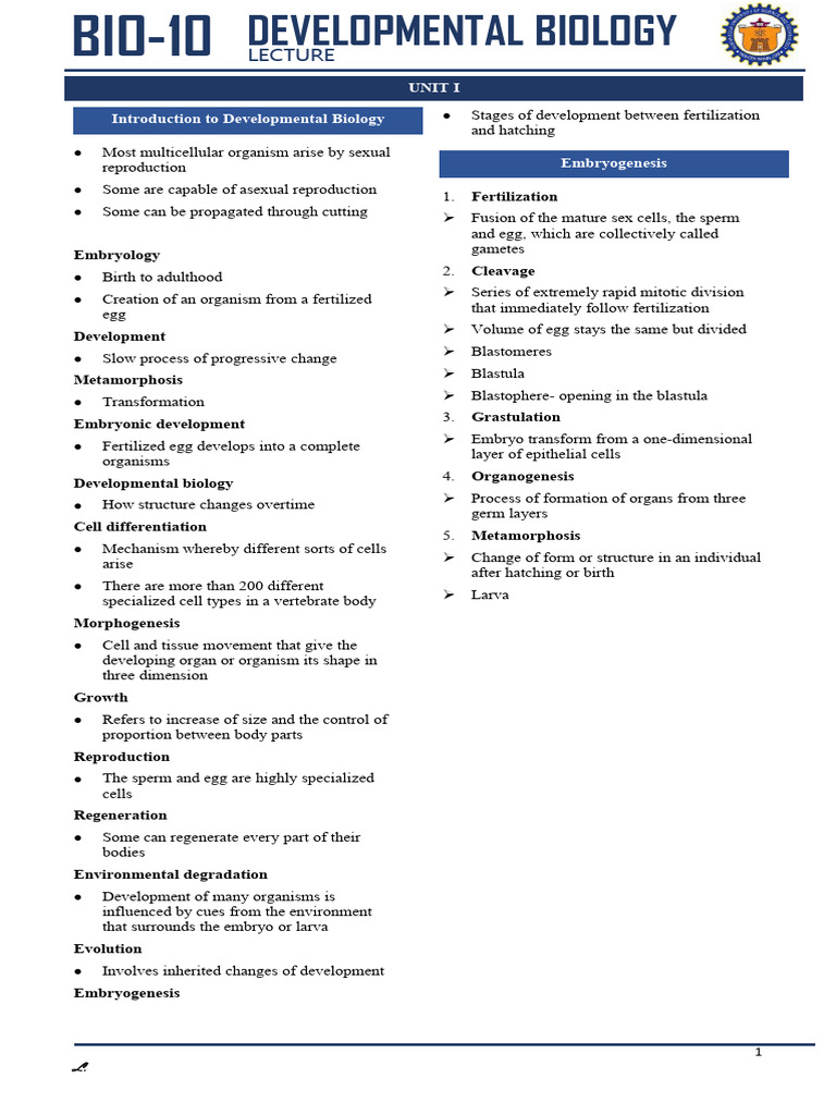 Unit 1 and 2-DevBio | PDF