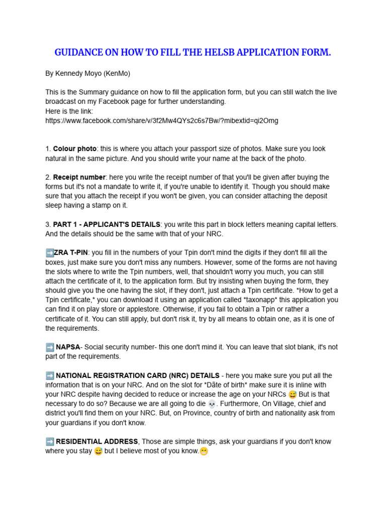 GUIDANCE ON HOW TO FILL THE HELSB APPLICATION FORM | PDF