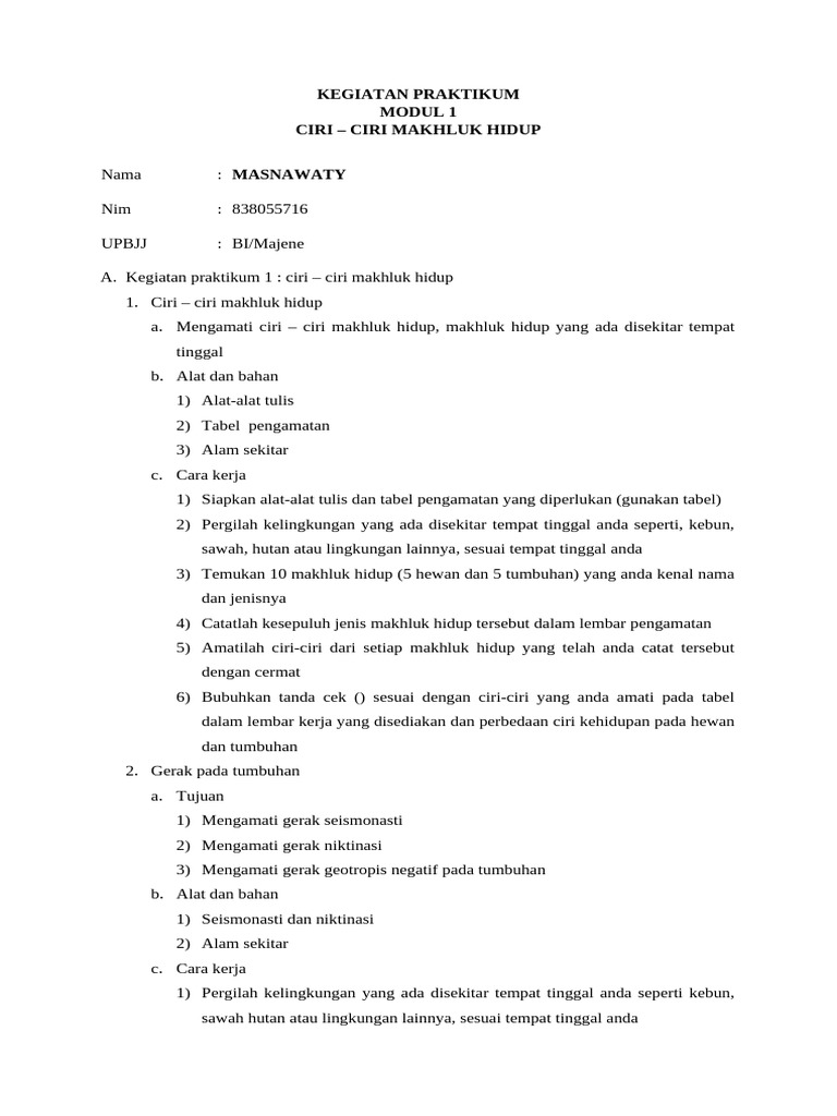 Kegiatan Praktikum Modul 1 Ciri-Ciri Makhluk Hidup | PDF Kegiatan Praktikum Modul 1 Ciri-Ciri Makhluk Hidup | PDF