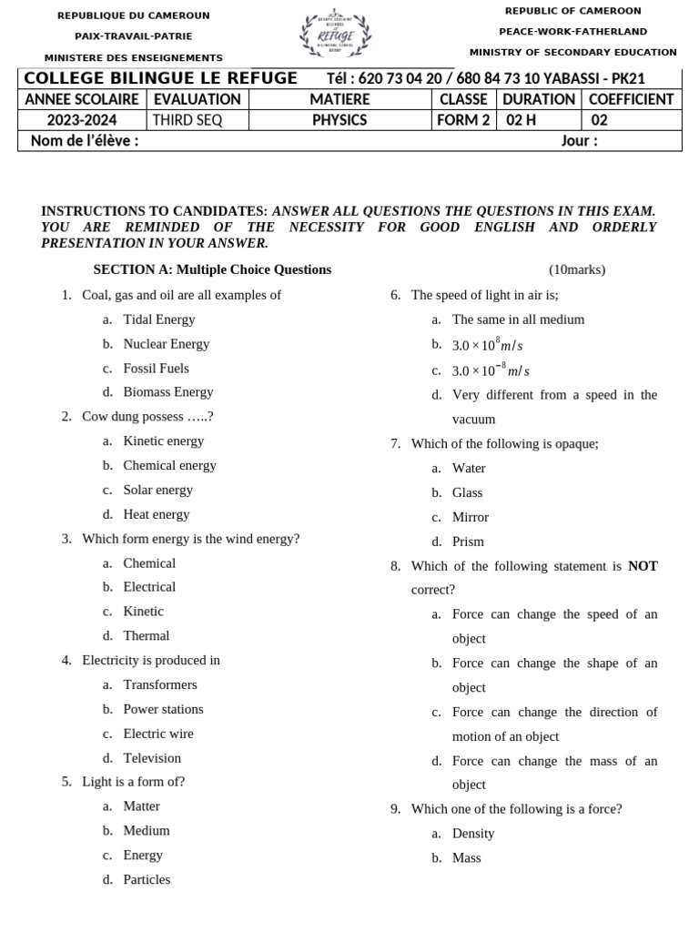 Physics Form 2 Third Term 2023-2024 | PDF