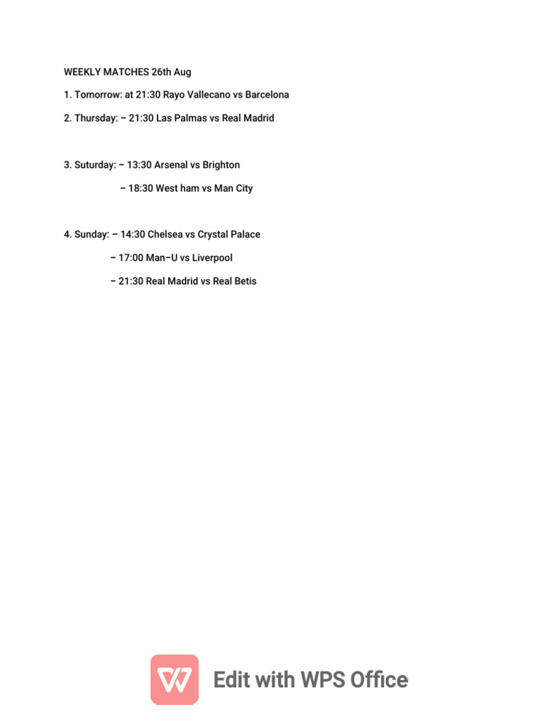 WEEKLY MATCHES TIME TABLE-WPS Office | PDF