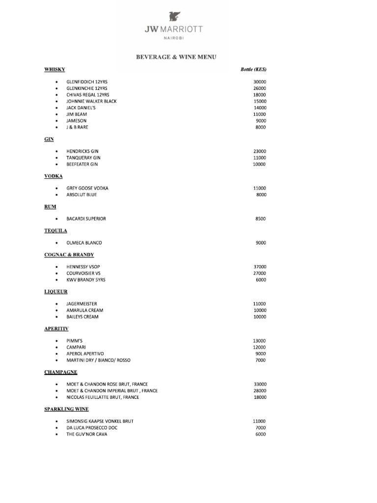 JW Marriott Beverage List | PDF