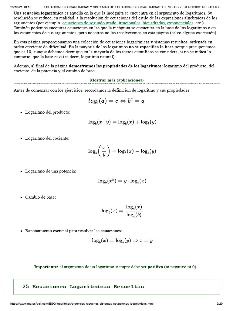 Ecuaciones Logaritmicas y Sistemas de Ecuaciones Logaritmicas - Ejemplos y Ejercicios Resueltos ...