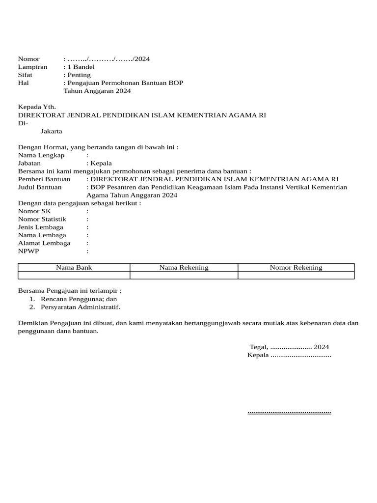 Contoh Surat Permohonan BOP | PDF