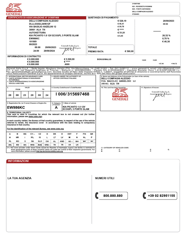 Certificato D'assicurazione, Quietanza e Certificato Internazionale Di ...