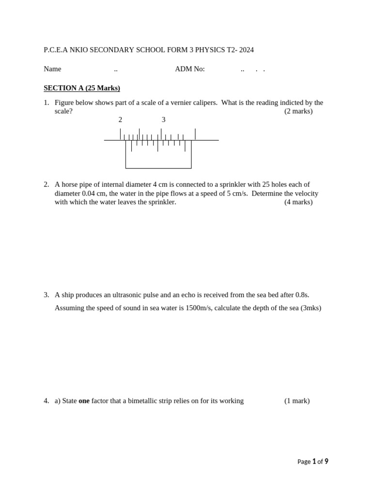 Form 3 Physics End Term 1 - 2024 | PDF