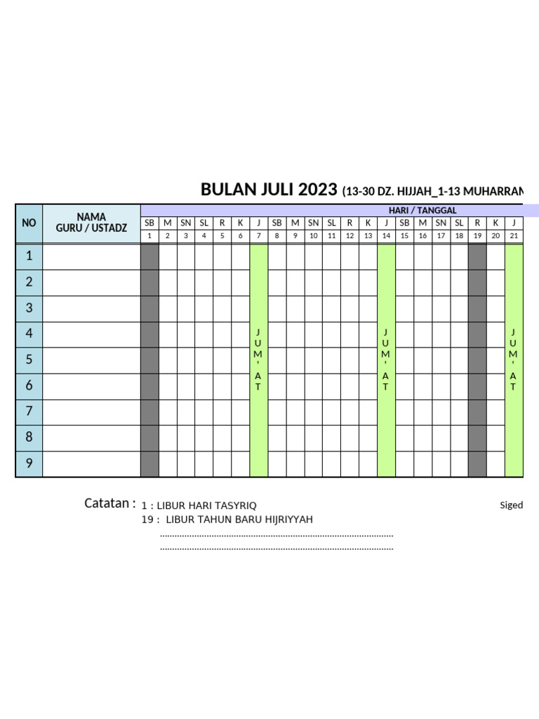 Absensi Guru 2023 - 24 MDT Miftahul Ulu DK Ratna - Blanko Fix | PDF