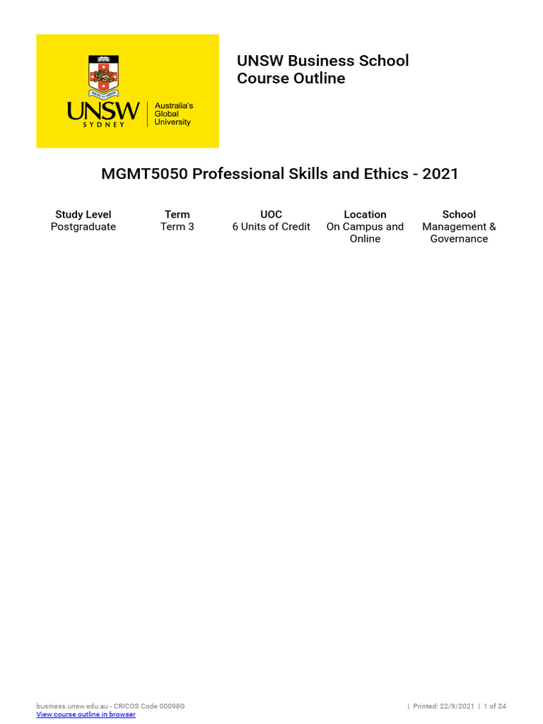 UNSW Business School Course Outline: Study Level Term UOC Location ...