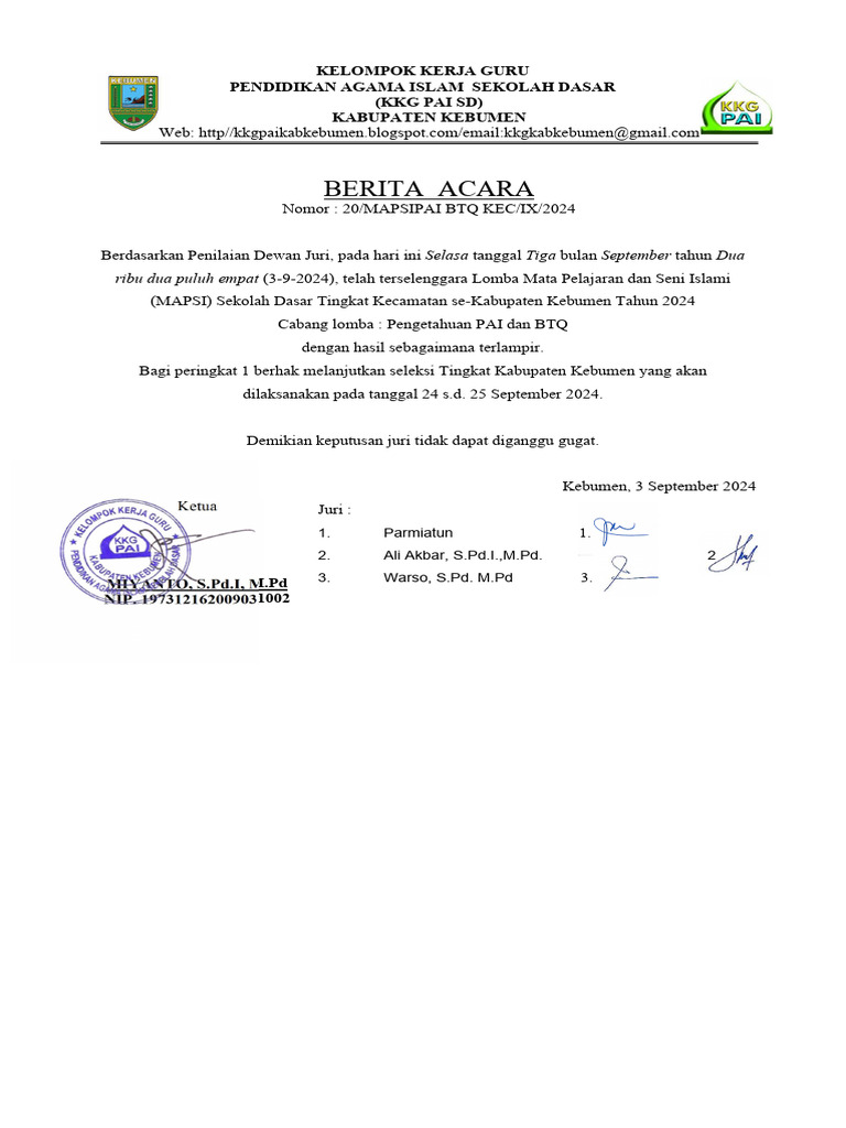 Berita Acara Lomba PAI BTQ | PDF