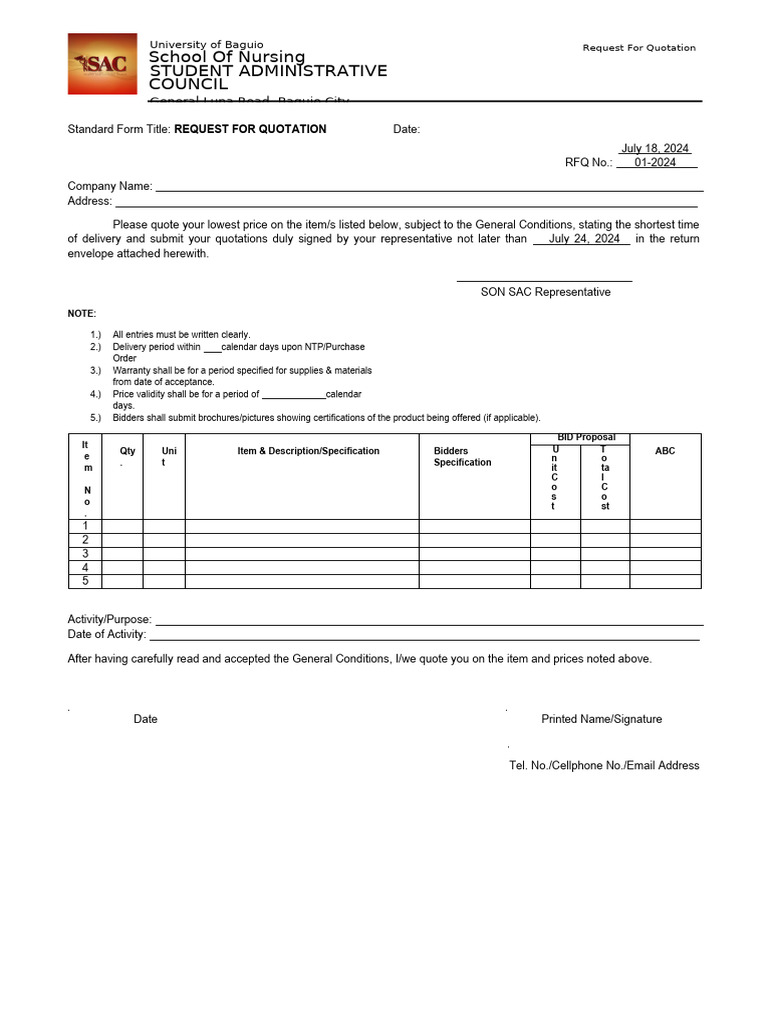 Request For Quotation Blank Form | PDF