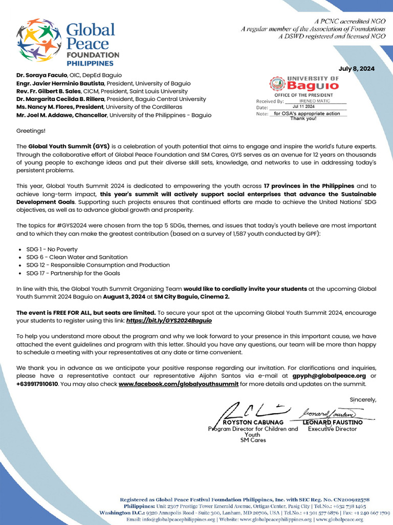 Global Youth Summit 2024 Baguio Baguio Universities | PDF