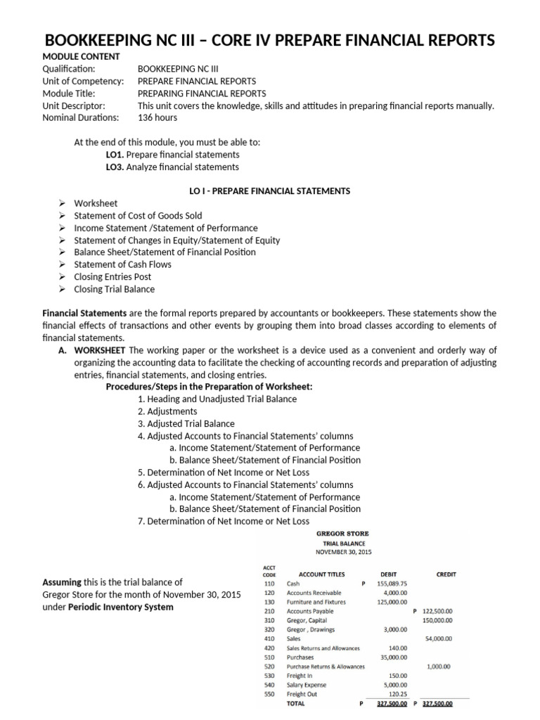 BOOKKEEPING NC III Module 4 Prepare Financial Statements | PDF