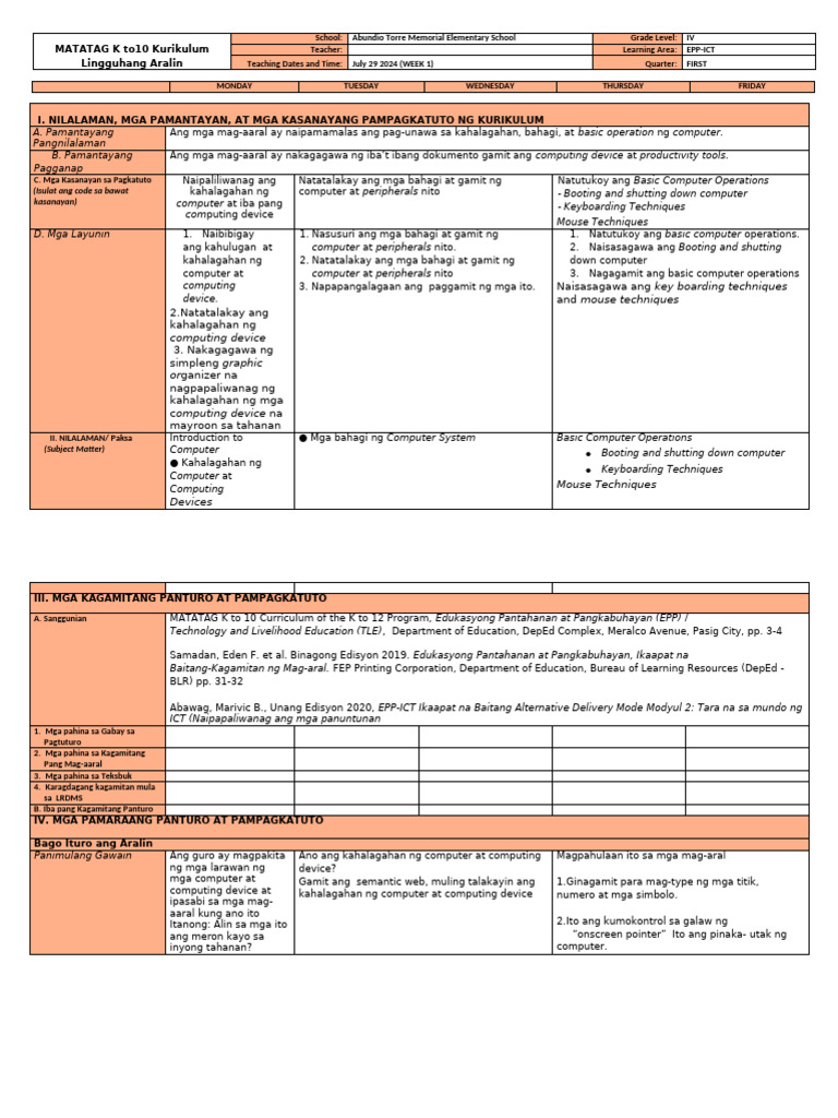 DLL - Epp4 - Ict - W1 - Quarter 1 Matatag 2024 | PDF