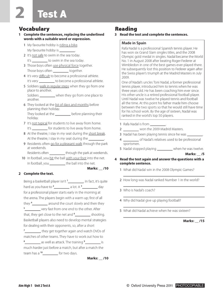 Aim High 1 Unit 2 Test A | PDF