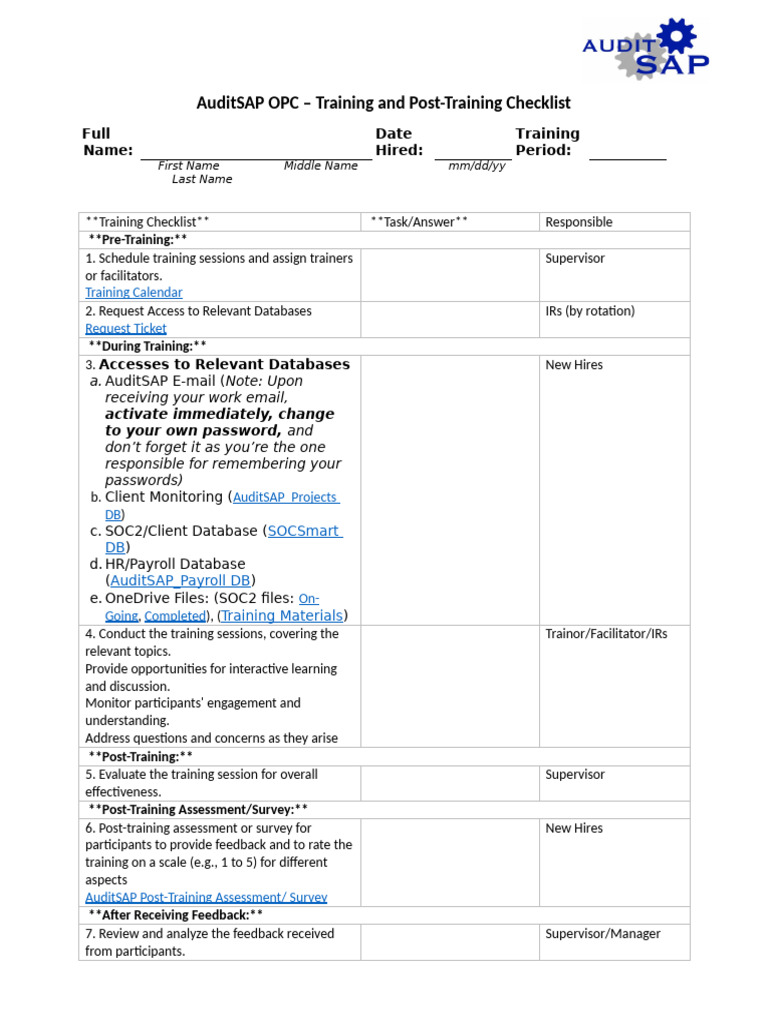 Training & Post-training Checklist - Name | PDF
