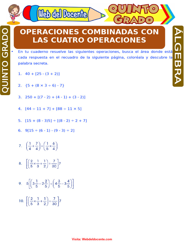 Operaciones Combinadas Con La Cuatro Operaciones Para Quinto Grado de ...
