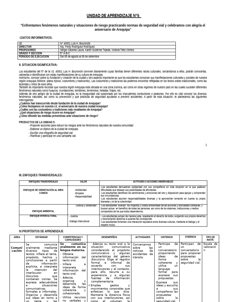 Unidad de Aprendizaje #5 - 5to Grado A - B - C. | PDF