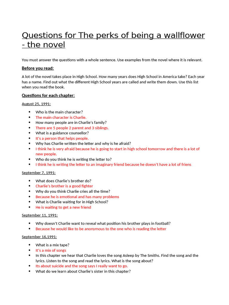 Kapitelopgaver For The Perks of Being A Wallflower | PDF