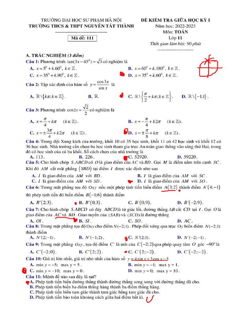 De Giua Hoc Ki 1 Toan 11 Nam 2022 2023 Truong Nguyen Tat Thanh Ha Noi | PDF
