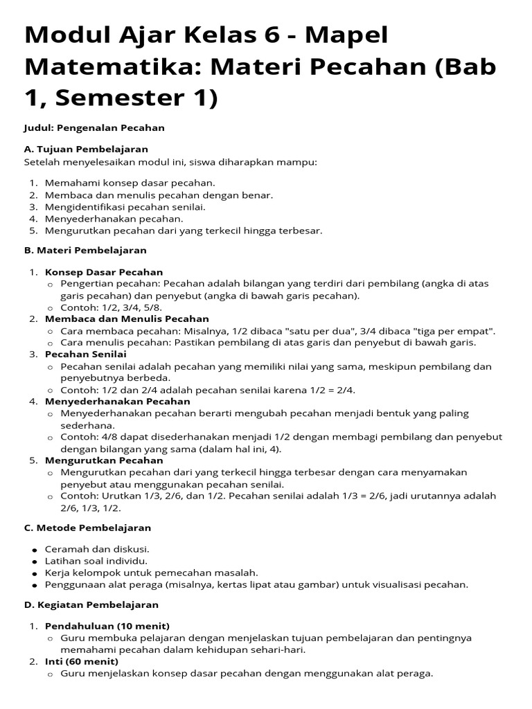 Modul Ajar Kelas 6 - Mapel Matematika Materi Pecahan (Bab 1, Semester 1) | PDF