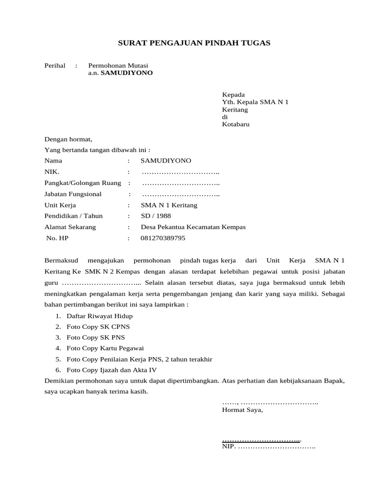 Contoh SURAT PENGAJUAN MUTASI PNS-WWW - Kherysuryawan.id | PDF