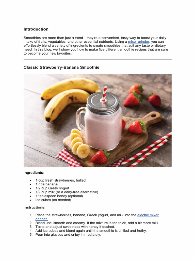 Preparing Healthy Smoothies With Mixer Juicer Grinder | PDF