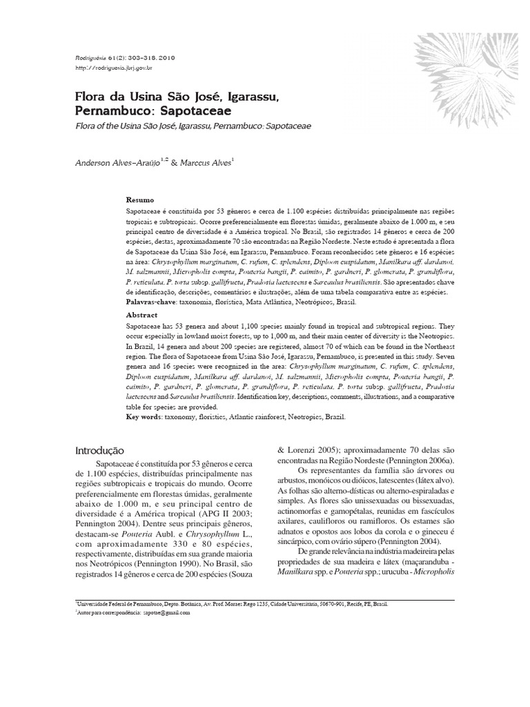 Flora Da Usina São José Igarassu Pernambuco Sapotaceae | PDF