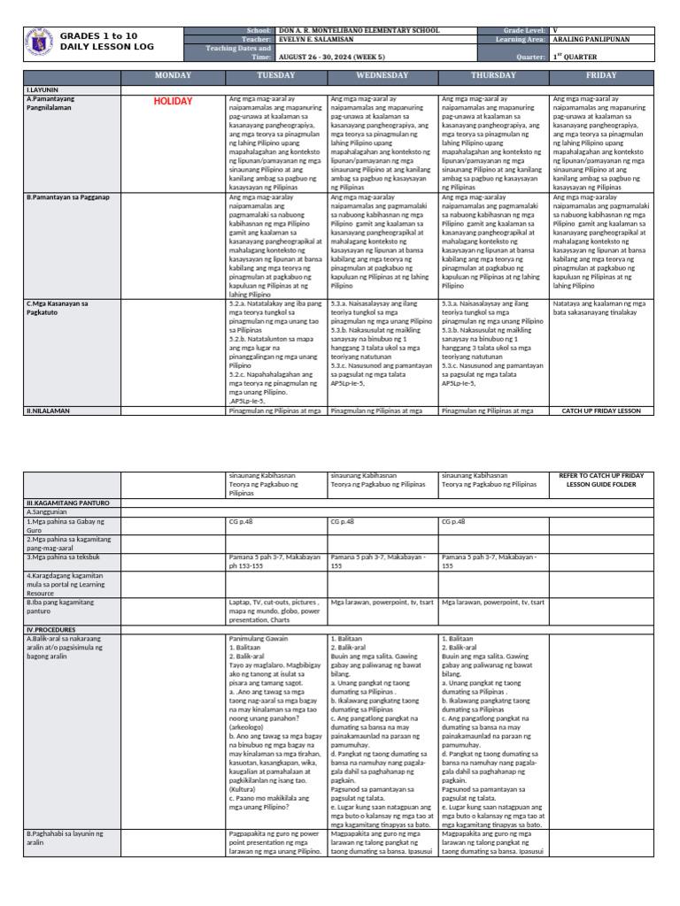 DLL - Araling Panlipunan 5 - Q1 - W5 | PDF | Differentiated Instruction | Teachers