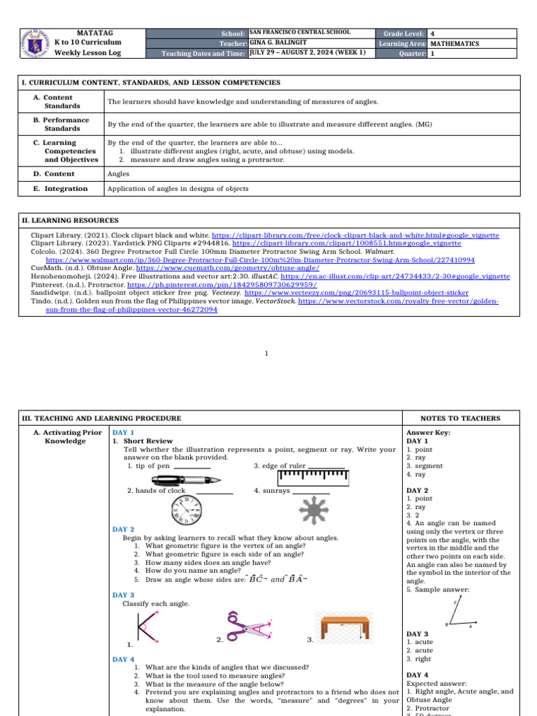 DLL Matatag - Mathematics 4 Q1 W1 | PDF