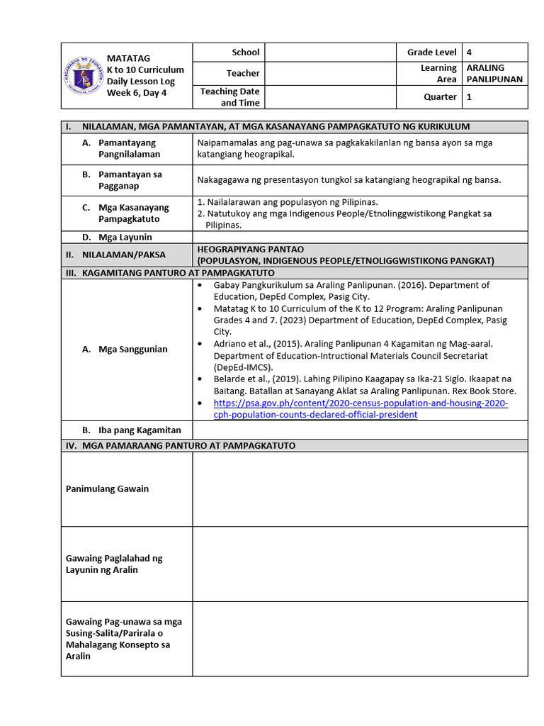DLL Matatag AP - 4 - Q1 - W6 - Day 4 | PDF