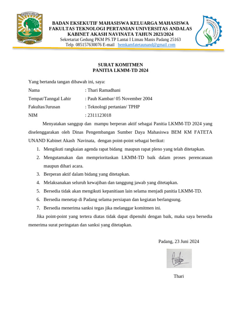 Surat Komitmen Panitia LKMM-TD 2024 | PDF