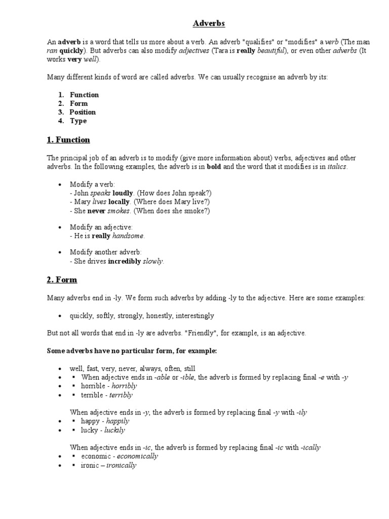 Adverbs: 1. Function 2. Form 3. Position 4. Type | PDF | Adverb | Adjective