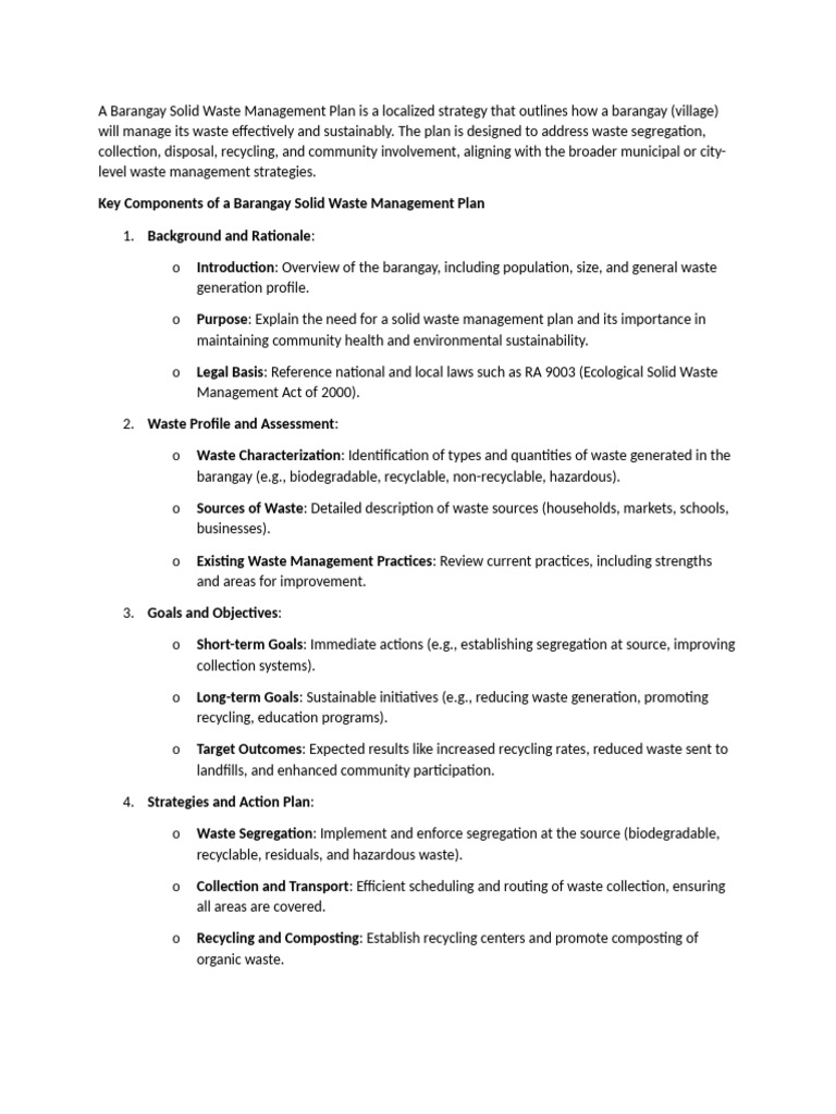 A Barangay Solid Waste Management Plan Is A Localized Strategy That Outlines How A Barangay | PDF
