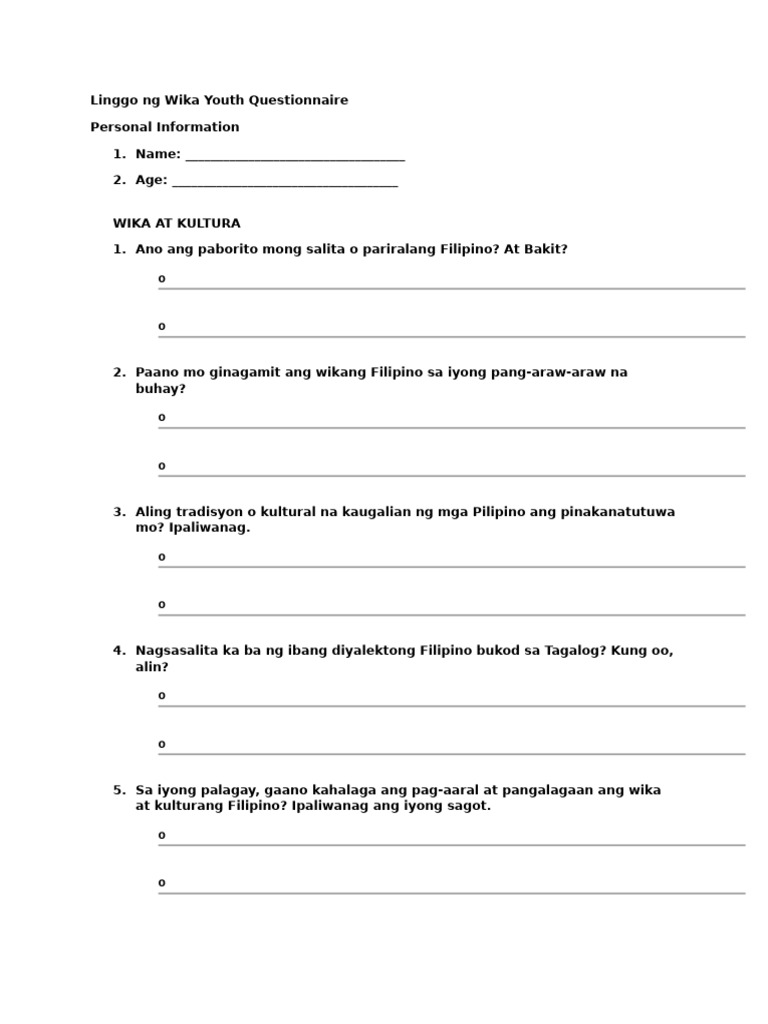 Linggo NG Wika Youth Questionnaire Tagalog | PDF