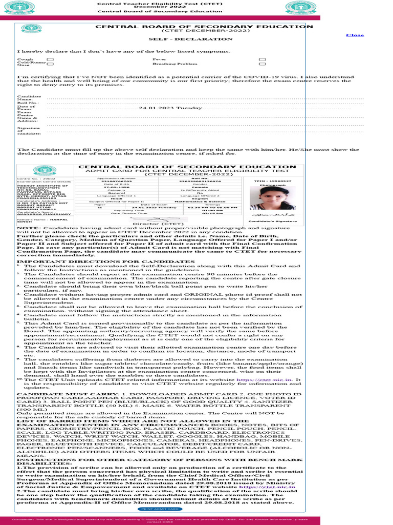 Httpsexaminationservices Nic inctet2022downloadadmitcardAuthCandCTET Aspx | PDF