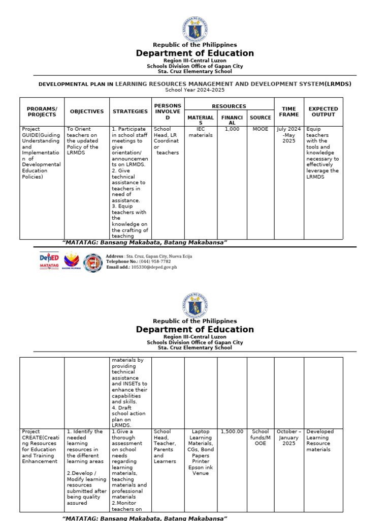 Developmental Plan in LRMDS 2024-2025 | PDF