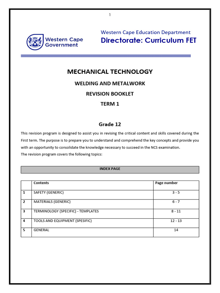 Mechanical Technology (Welding) Revision Pack Grade 12 Term 1 | PDF