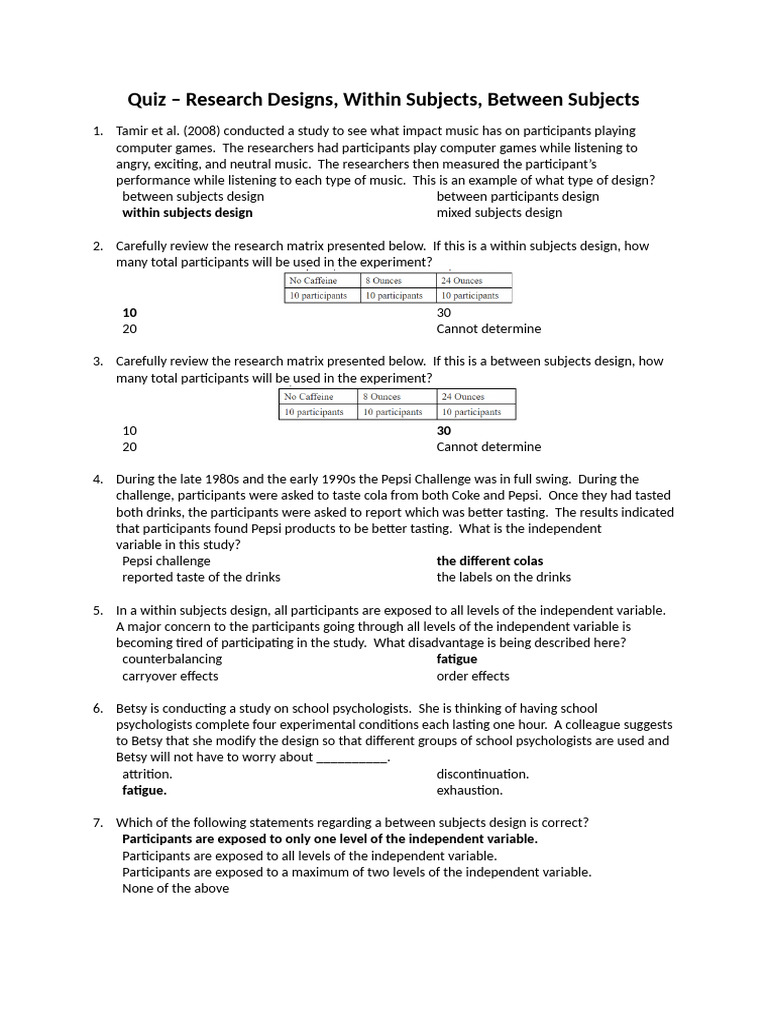 Quiz on Research Designs: Within vs. Between Subjects | PDF | Variance ...